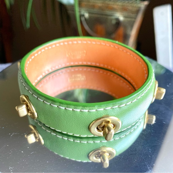 Coach | Jewelry | Coach Green Leather Turnlock Cuff Bracelet In Euc ...